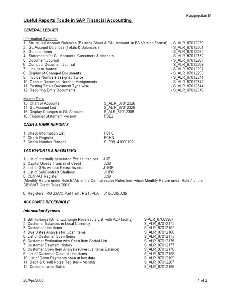 Useful Reports Tcode in SAP FI | PDF | Debits And Credits | Business