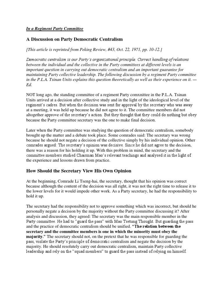 On Democratic Centralism | PDF | Committee | Mao Zedong