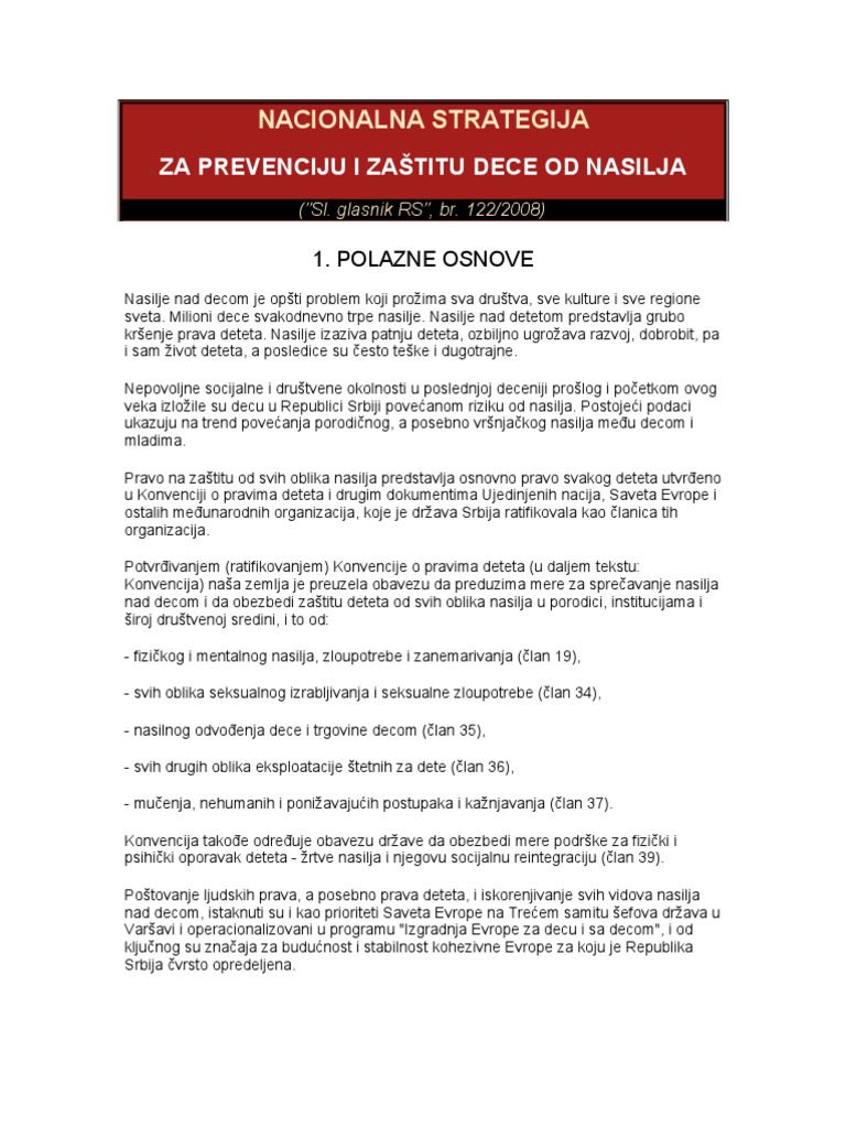 Nacionalna Strategija Za Prevenciju I Zaštitu Dece Od Nasilja | PDF