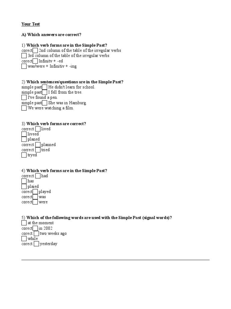 Past Tense Test | PDF | Verb | Linguistic Morphology