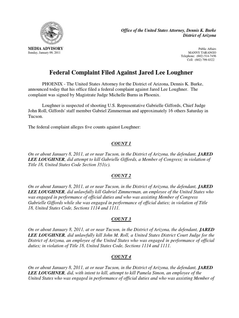 Federal Complaint Filed Against Jared Lee Loughner | PDF | Crime ...