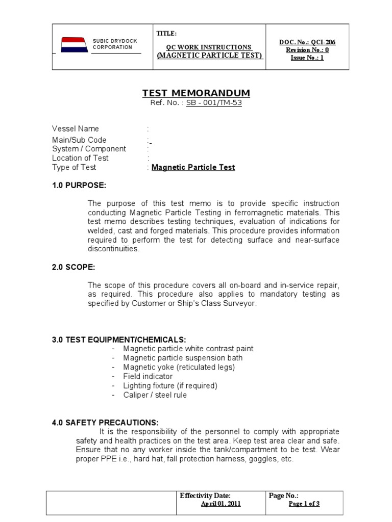 Magnetic Particle Testing Procedures and Safety Instructions for ...