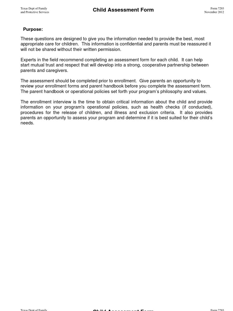 Purpose:: Child Assessment Form | Download Free PDF | Parent ...