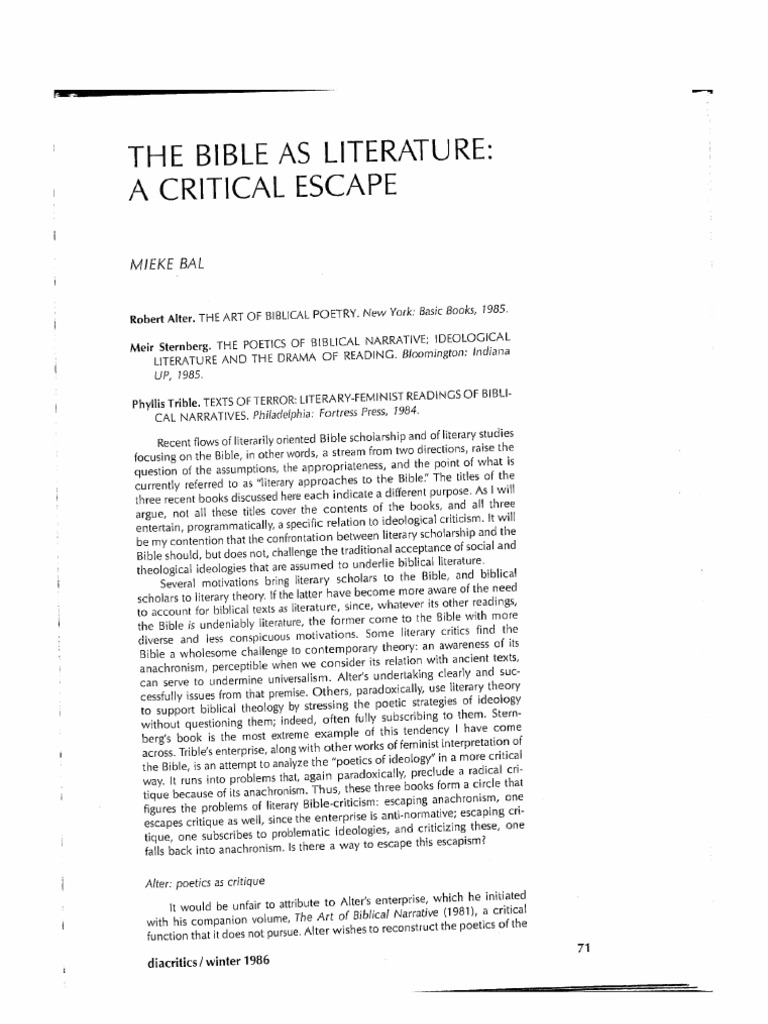 Mieke Bal The Bible As Literature: A Critical Escape | PDF