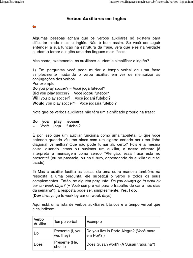 Verbos Auxiliares Em Ingles Pdf Tempo Gramatical Pronome
