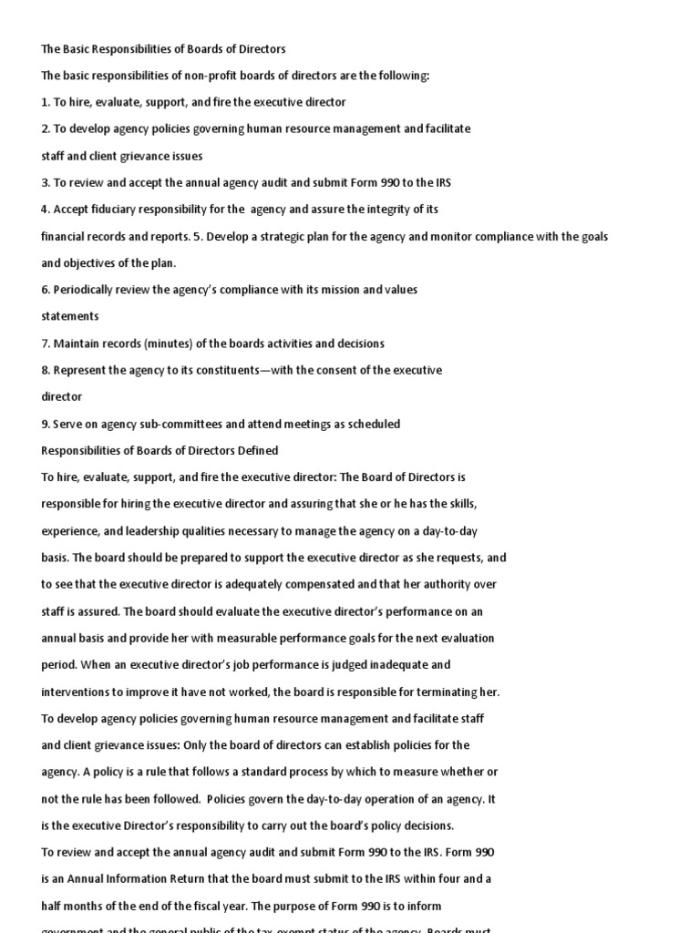 The Basic Responsibilities Of Boards Of Directors Pdf Board Of