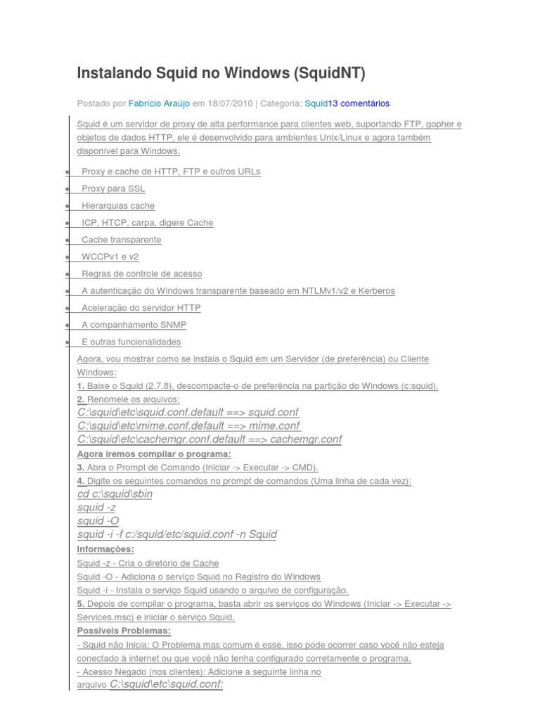 Instalando e configurando o servidor proxy Squid no Windows para melhorar o desempenho da rede ...