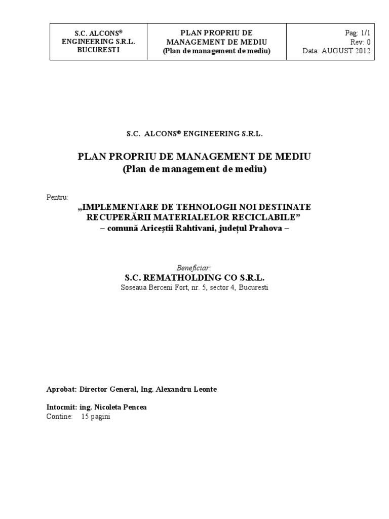 Plan Propriu de Management de Mediu | PDF