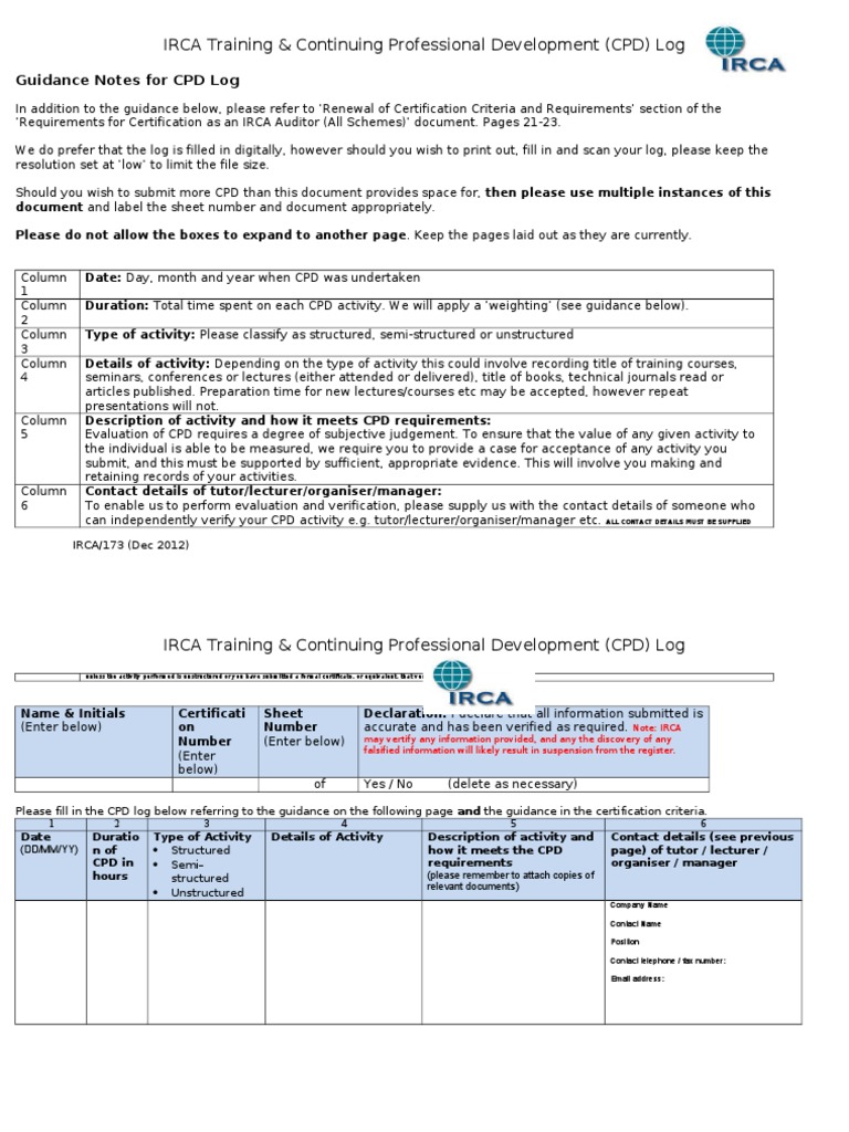 Irca 173 CPD Log | PDF | Email | Professional Development
