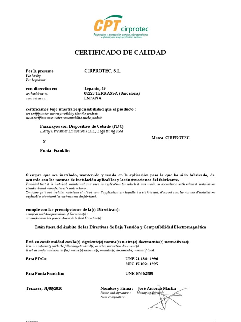 Certificado Pararrayos PDC CIRPROTEC | PDF
