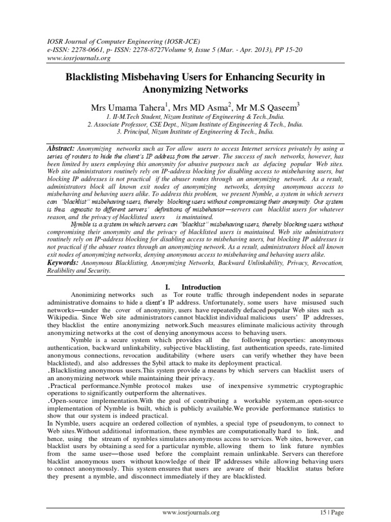 Blacklisting Misbehaving Users For Enhancing Security in Anonymizing Networks | PDF | Tor ...