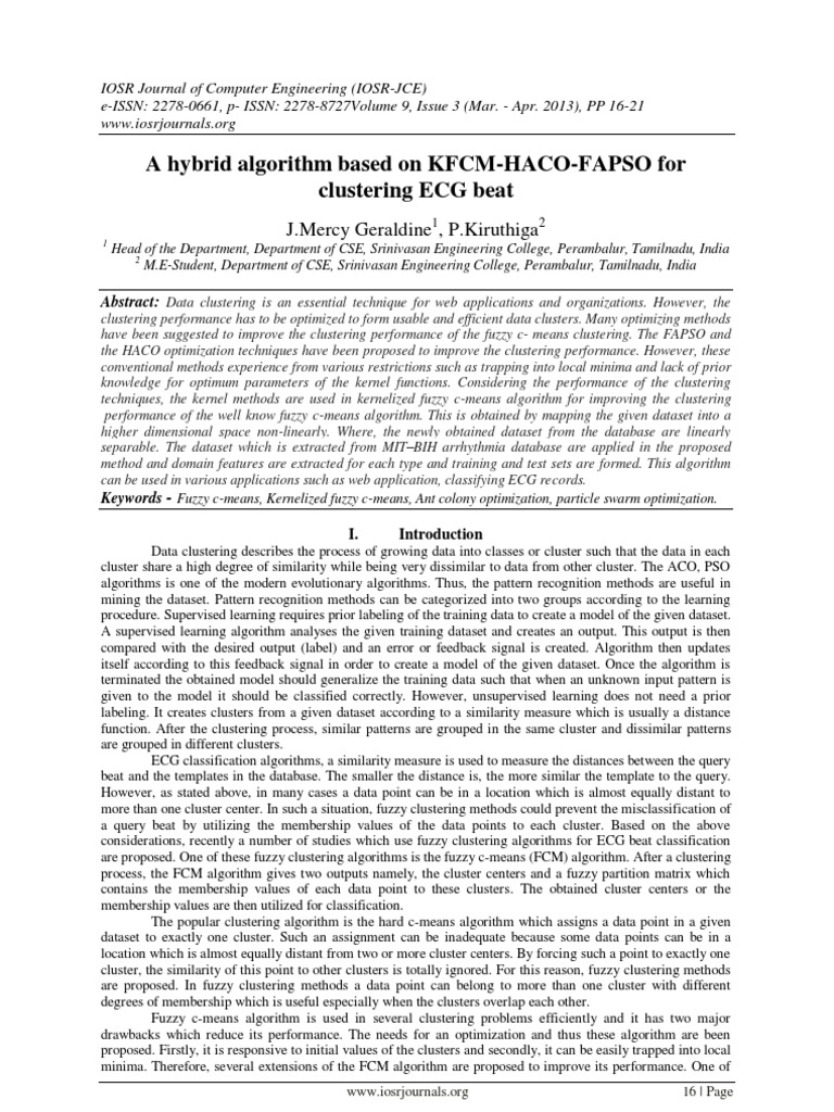 A Hybrid Algorithm Based On KFCM-HACO-FAPSO For Clustering ECG Beat | PDF | Cluster Analysis ...