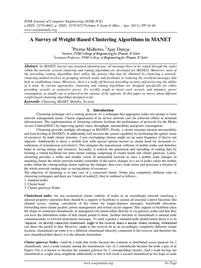 A Survey of Weight-Based Clustering Algorithms in MANET: Prerna ...