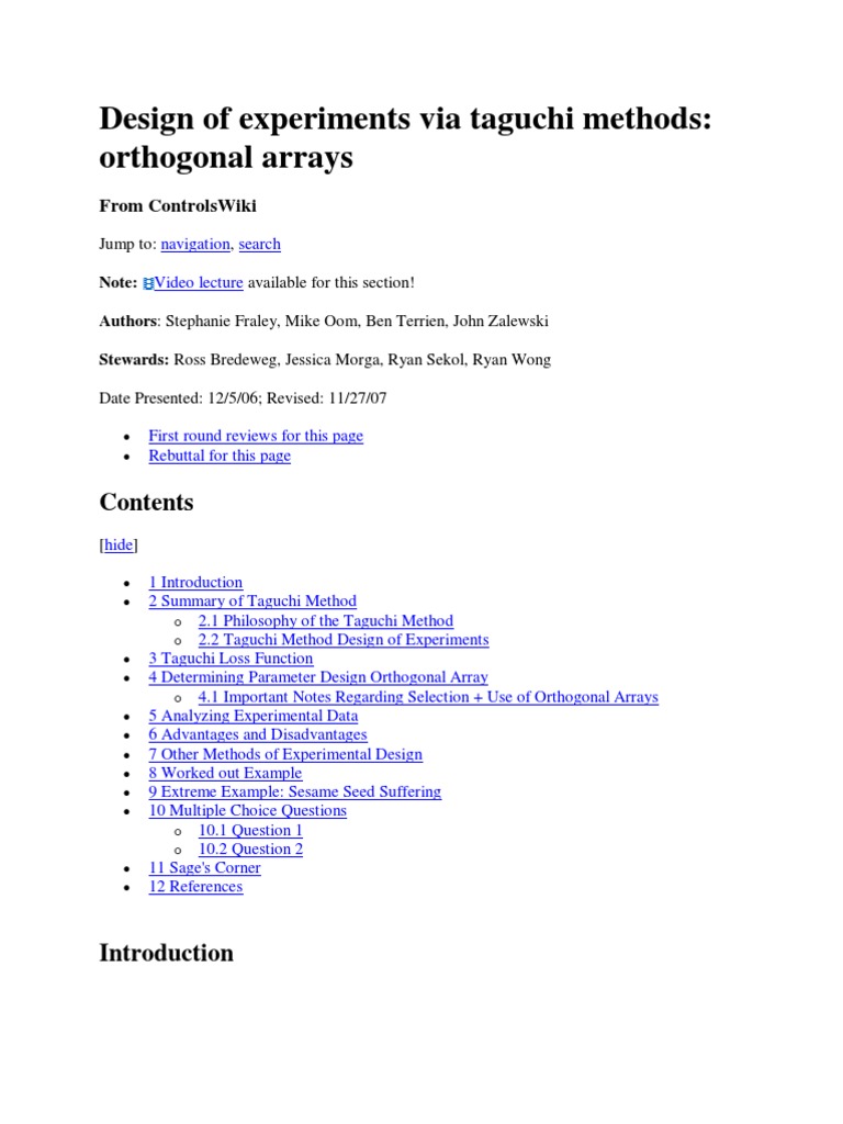 Design Of Experiments Via Taguchi Methods Orthogonal Arrays Pdf Design Of Experiments