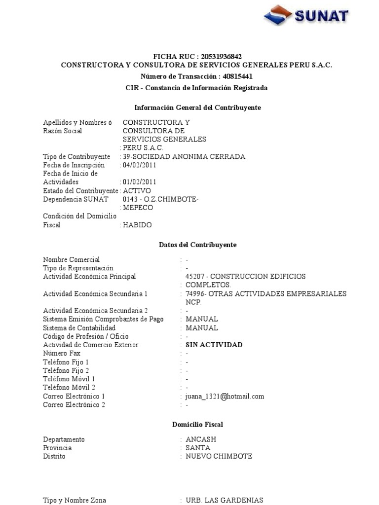 Ficha Ruc Constructora Peru Maritza Bejarano | PDF | Correo | Perú