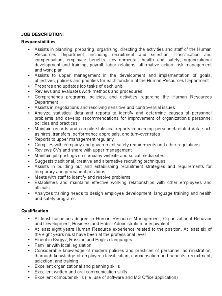 HR Job Description | PDF | Human Resource Management | Recruitment