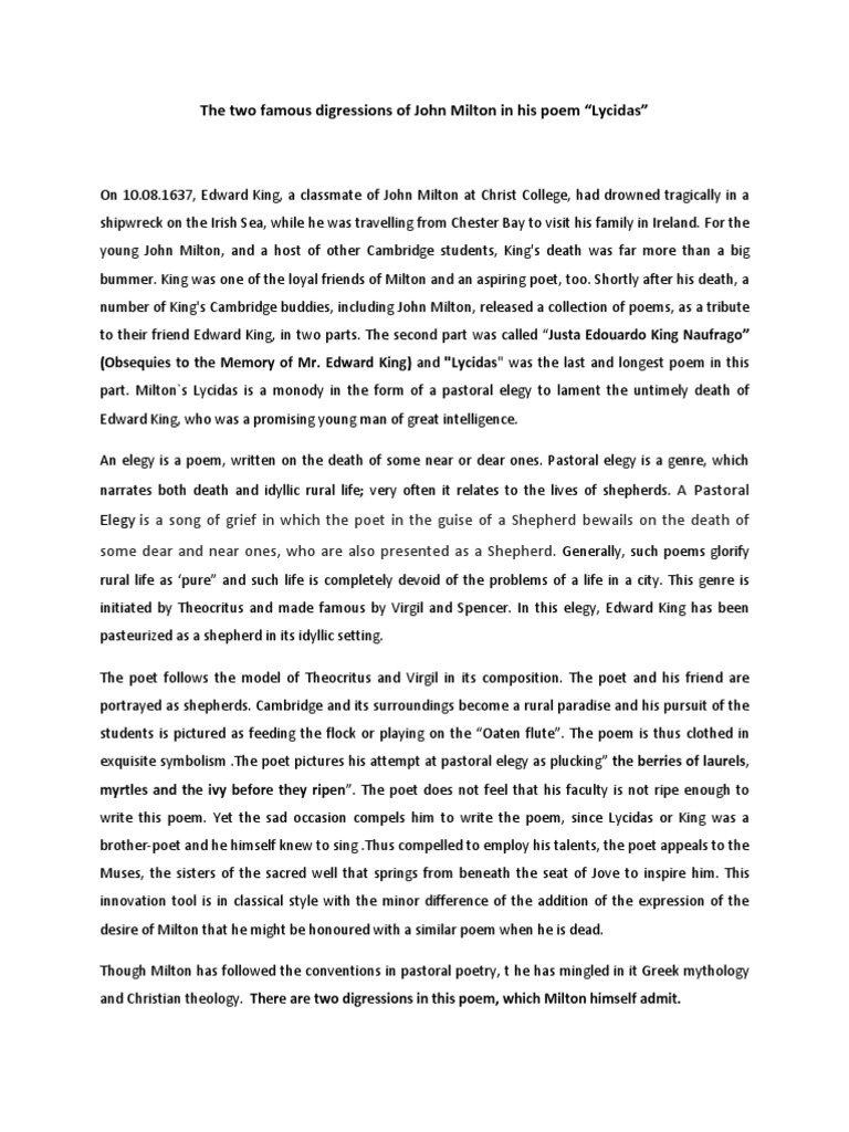 The Famous Two Digressions in Milton's Lycidas | PDF | Poetry ...