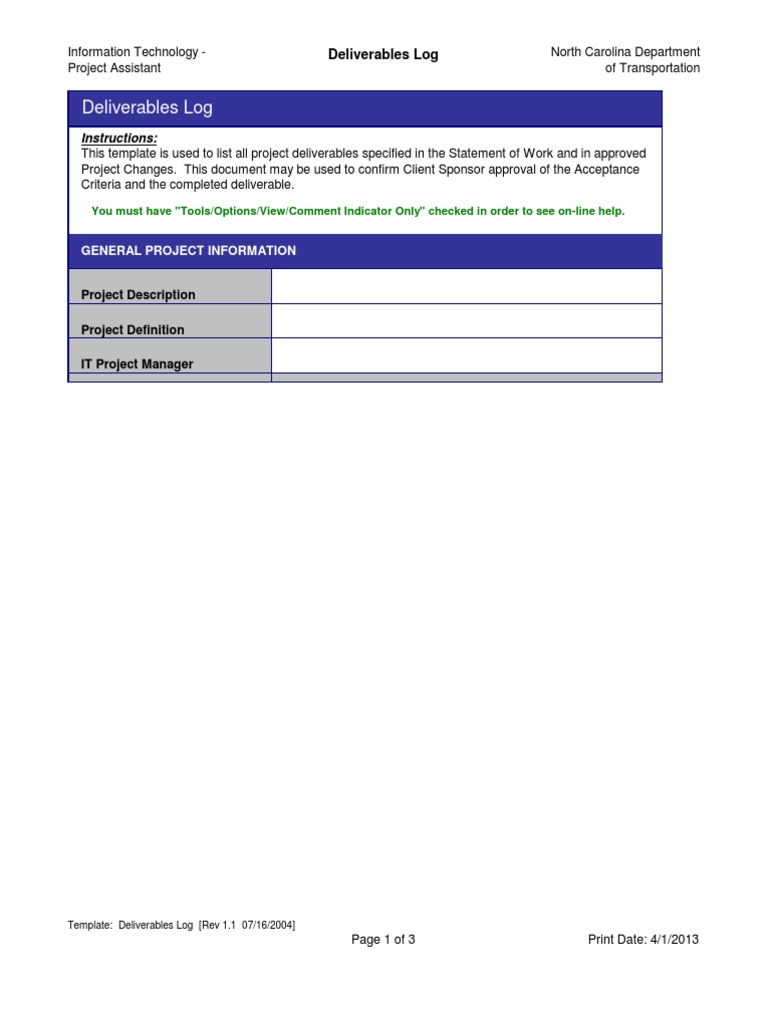 NCDOT IT Project Deliverables Log | PDF
