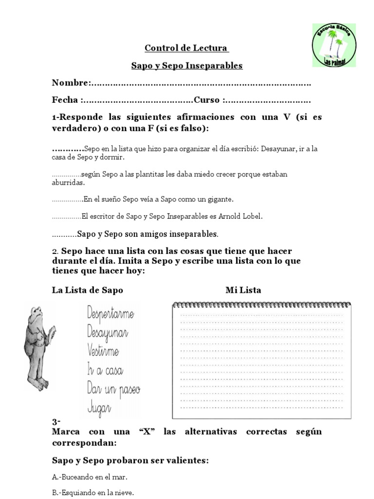Control de Lectura: Sapo y Sepo | PDF