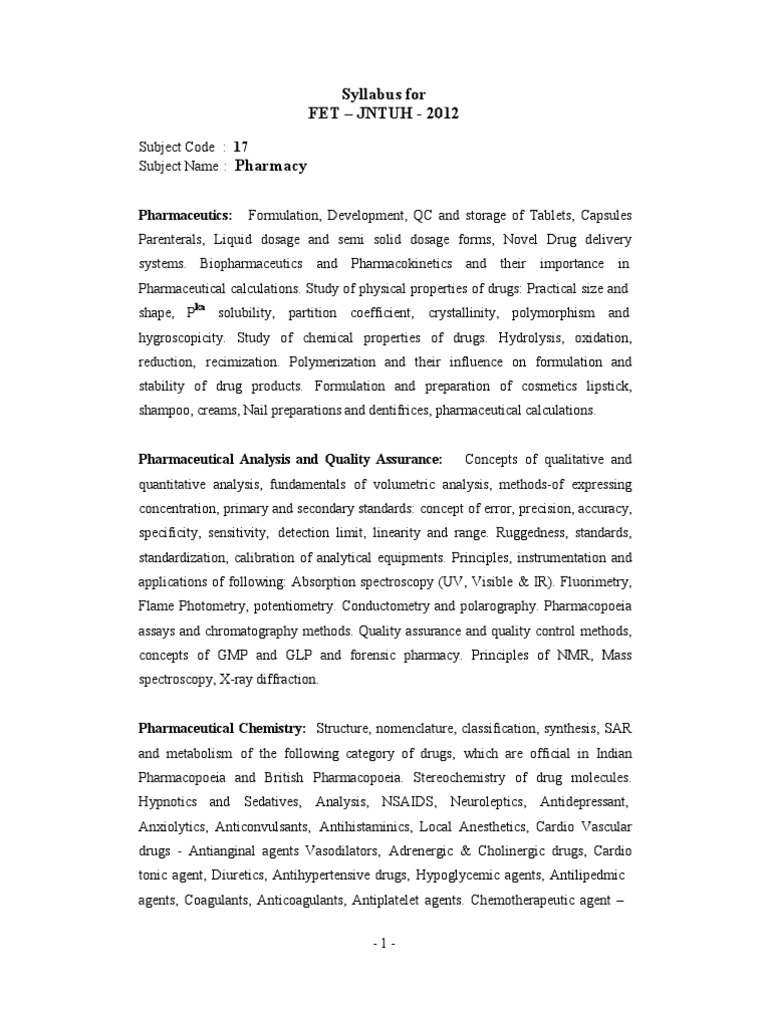 Syllabus For FET - JNTUH - 2012 Pharmacy: Pharmaceutics: Formulation ...