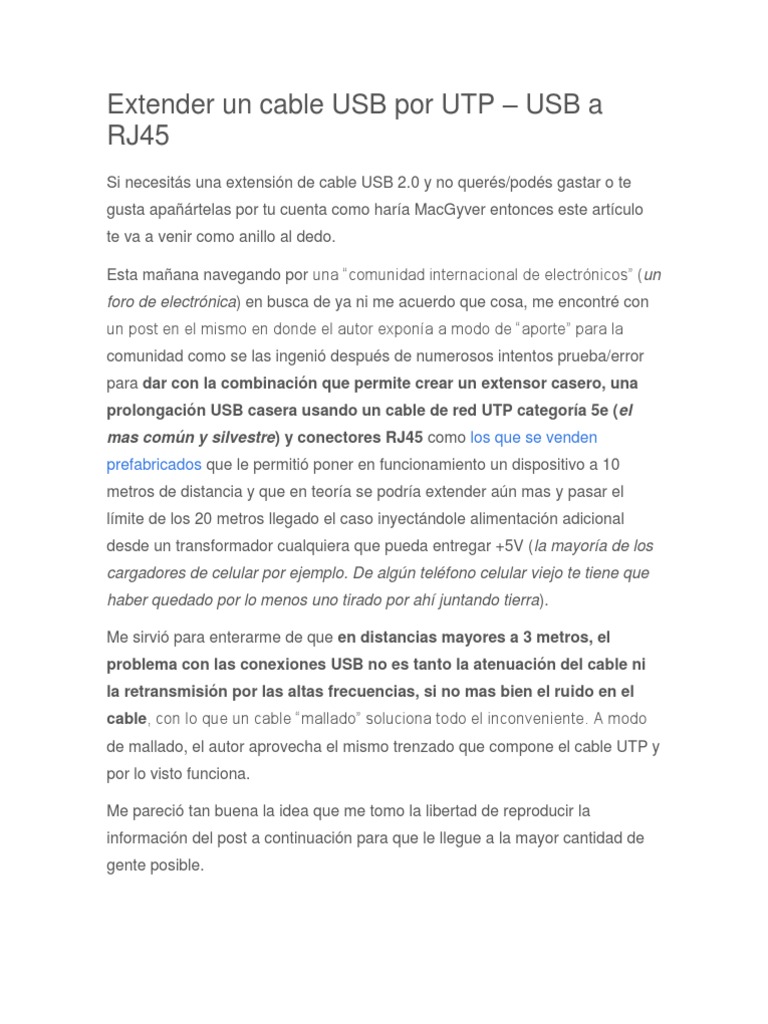 Extensión USB casera con UTP RJ45 | PDF | USB | Electrónica