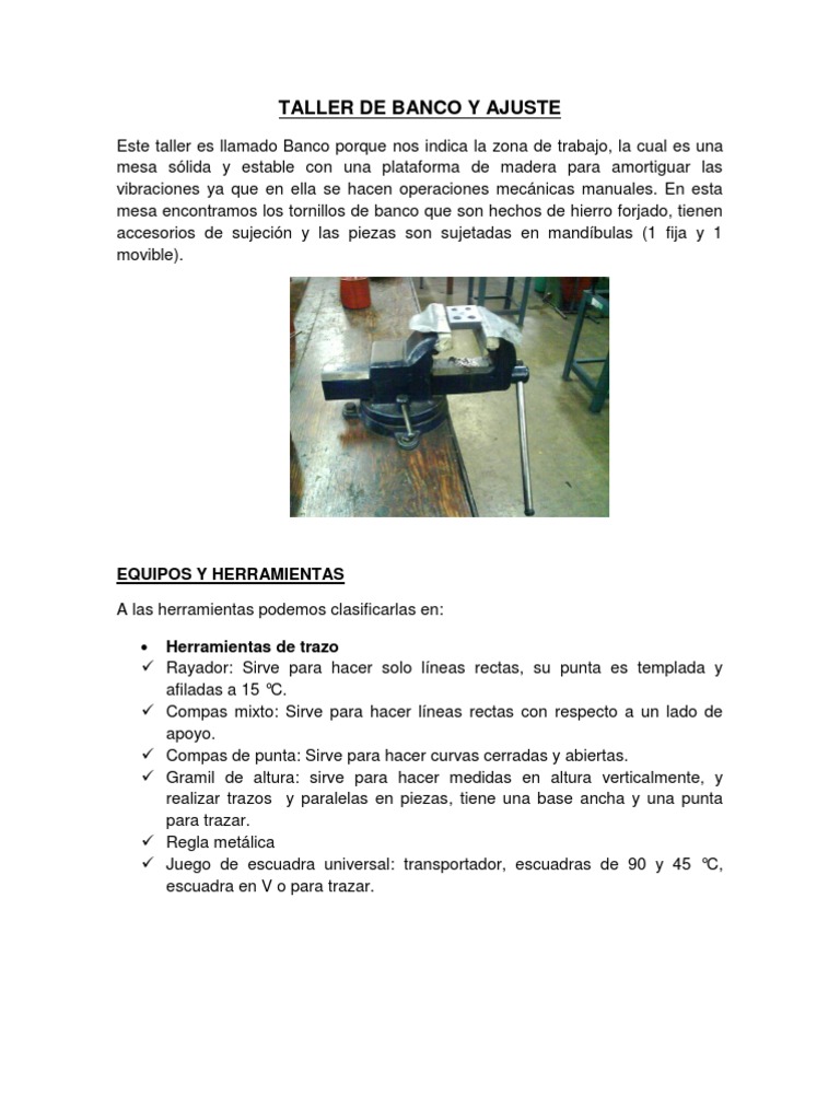 Taller de Ajuste y Herramientas Básicas | PDF | Perforar | Herramientas