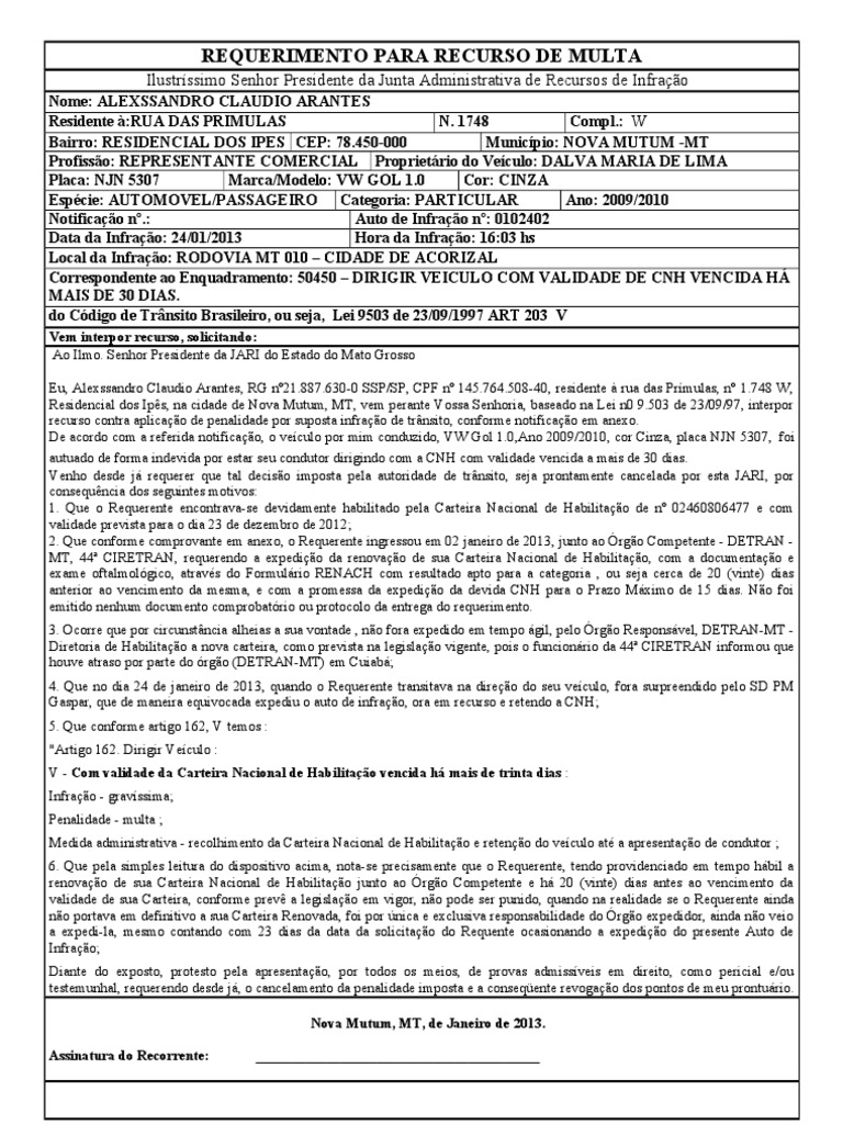 Modelo Requerimento para Recurso de Multa | PDF | Carteira de Motorista | Lei Estatutária