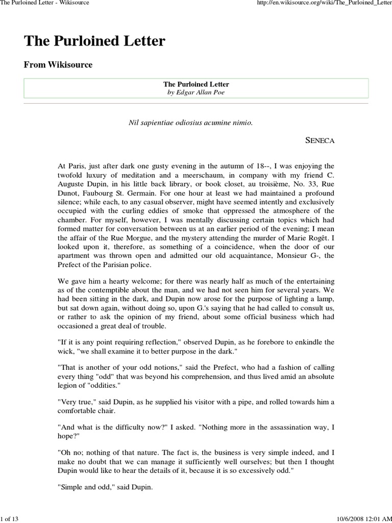 Poe The Purloined Letter | PDF | C. Auguste Dupin | Truth