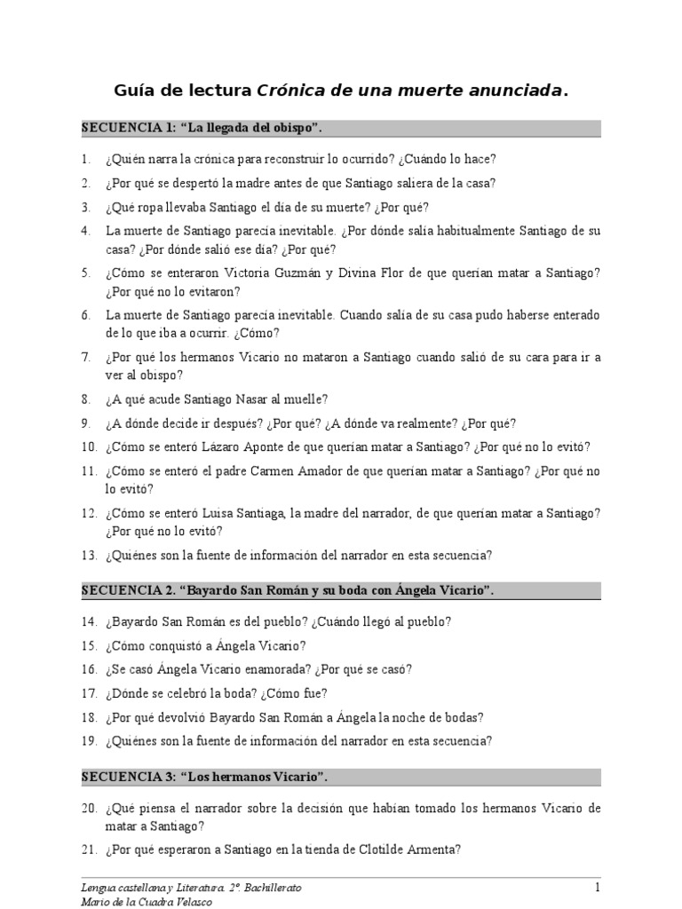 Guía de lectura: Crónica de una muerte anunciada | PDF | Violencia ...