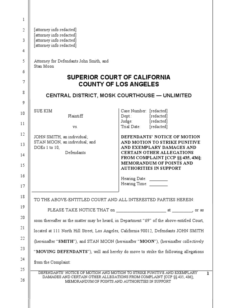 01 Motion To Strike | PDF | Punitive Damages | Pleading