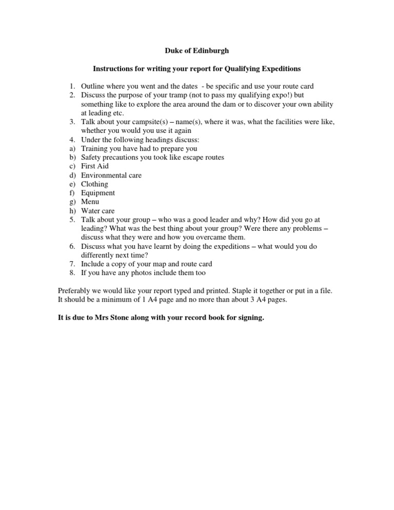 Duke of Edinburgh Instructions For Writing Your Report For Qualifying ...