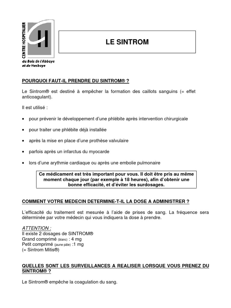 Utilisation et précautions du Sintrom® | PDF | Maladies et troubles ...