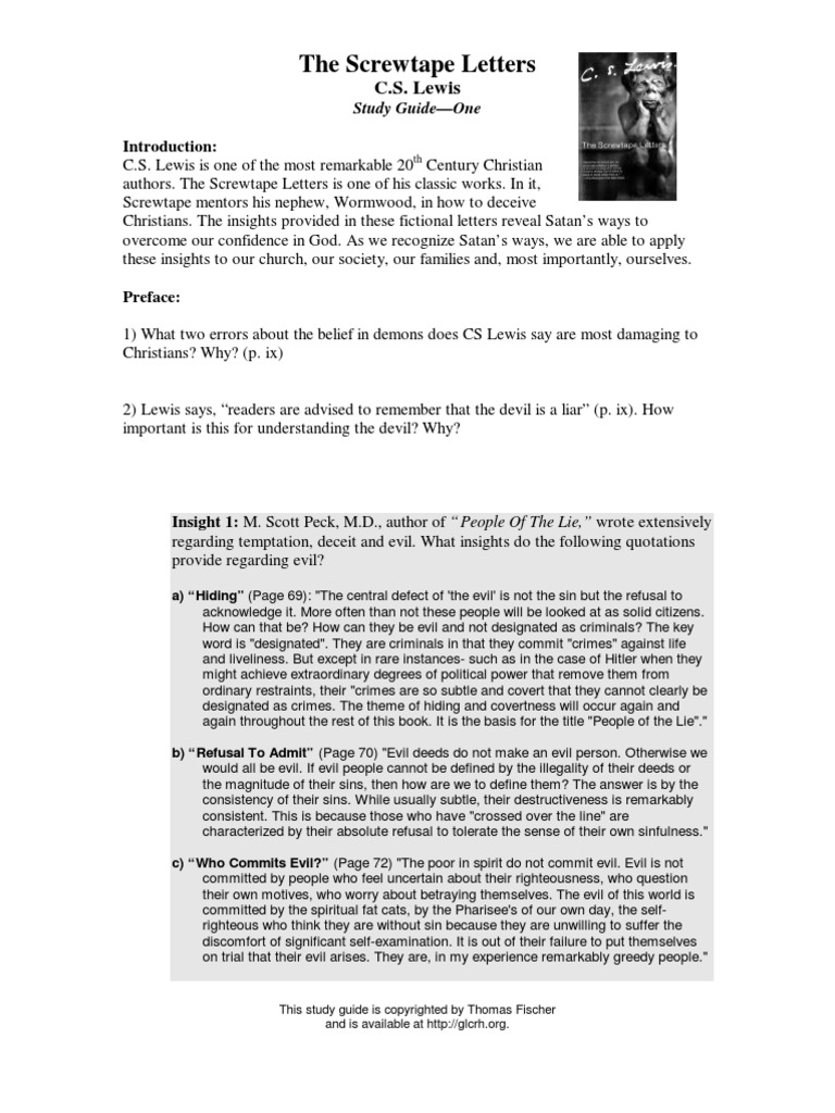 Screwtape Letter Study Guide 1 | PDF