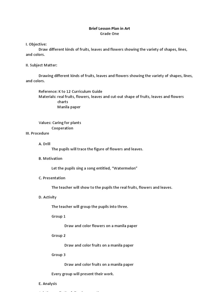 Brief Lesson Plan in Art | PDF