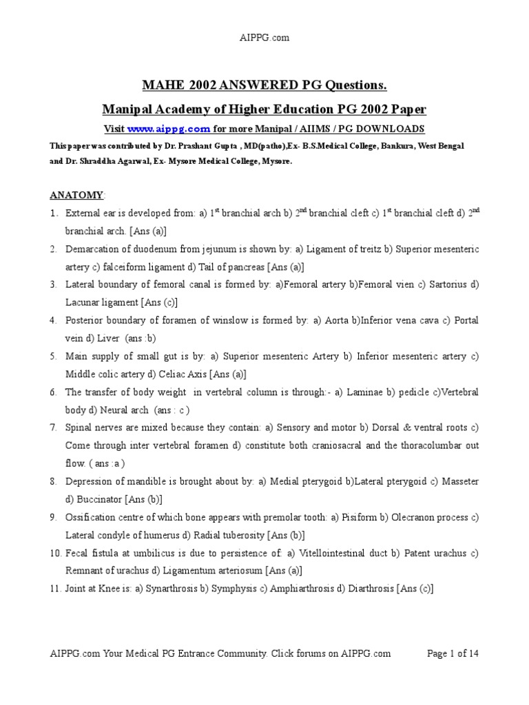 MAHE 2002 ANSWERED PG Questions. Manipal Academy of Higher Education PG ...