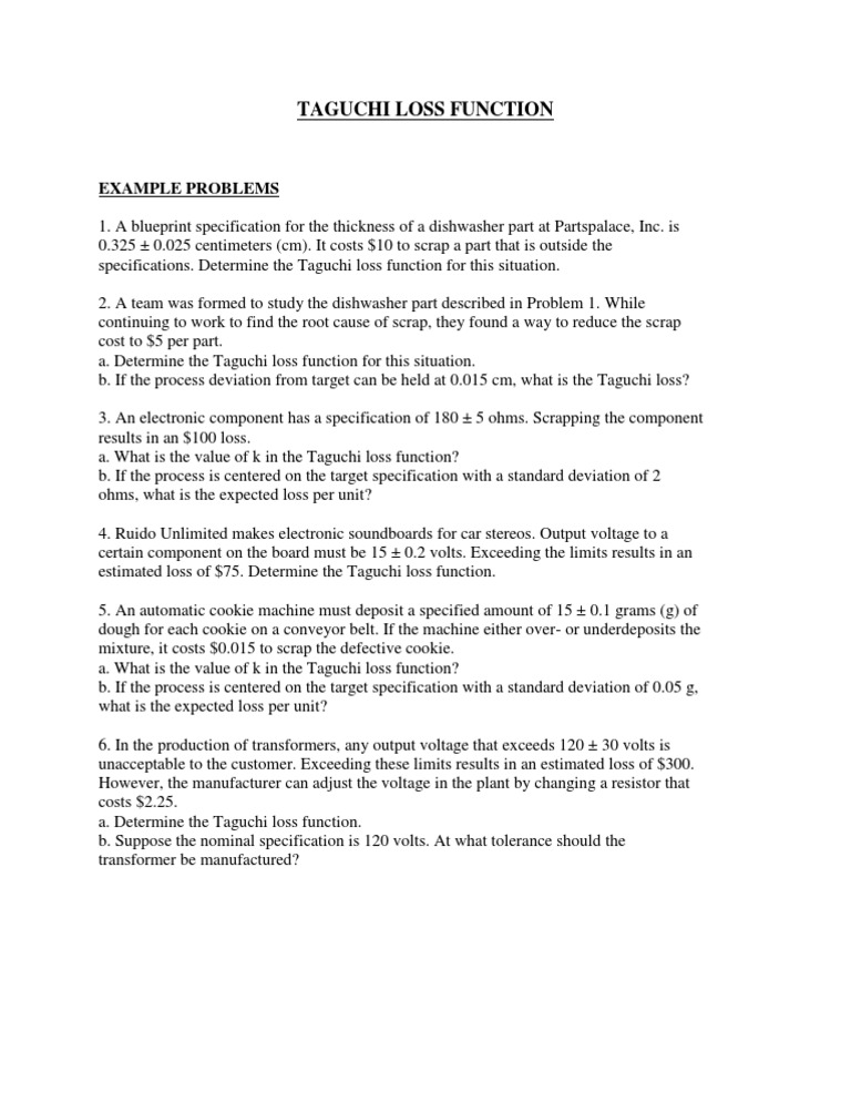 Taguchi Loss Function Examples and Problems | PDF | Technology ...
