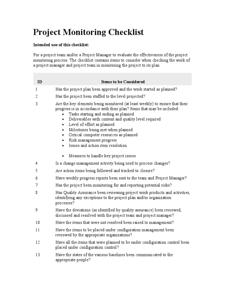 Project Monitoring Checklist | PDF