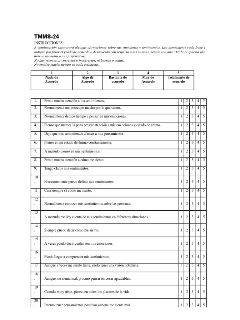 Evaluación de la TMMS-24 en emociones | PDF | Estado de ánimo ...
