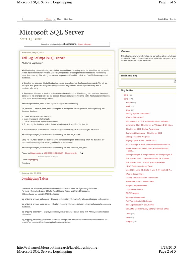 Log Shipping | PDF | Microsoft Sql Server | Backup