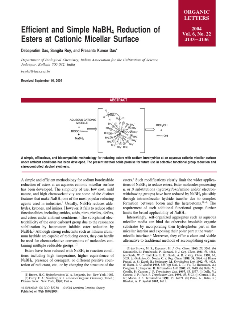 Efficient and Simple NaBH4 Reduction of Esters at Cationic Micellar ...