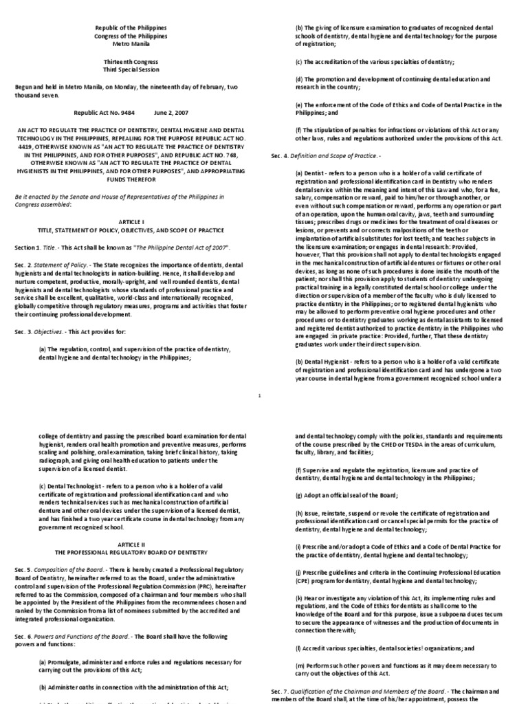 Republic Act No. 9484 | PDF | Dental Hygienist | Dentist