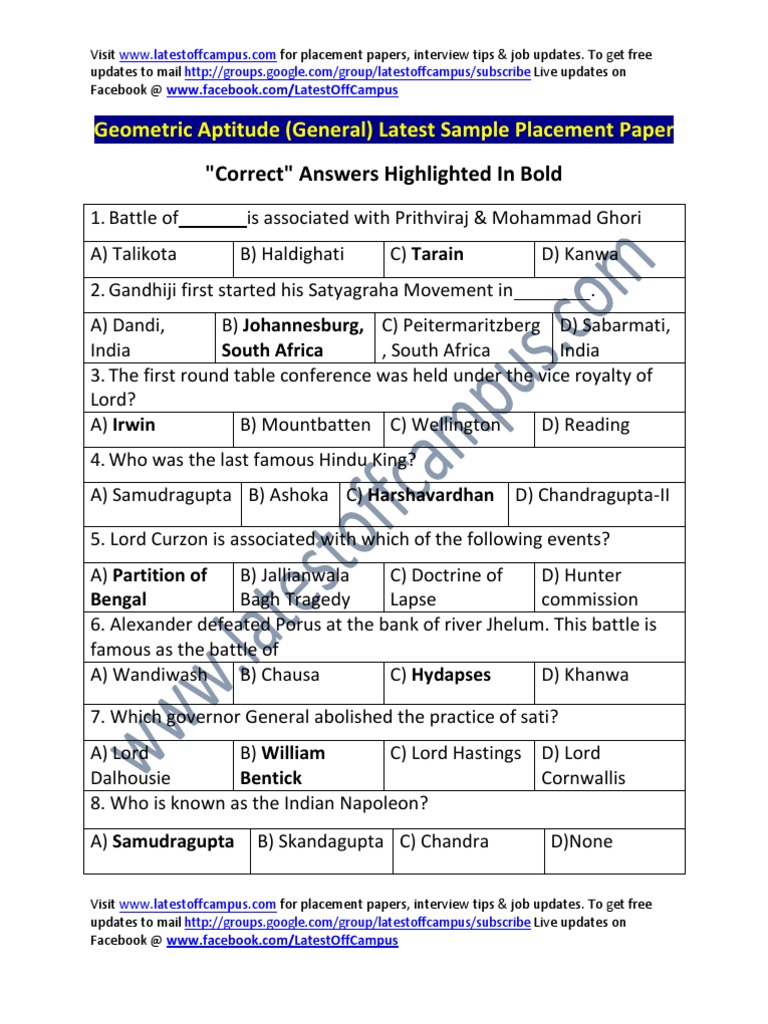 Geometric Sample Aptitude General Placement Paper Pdf South Asia