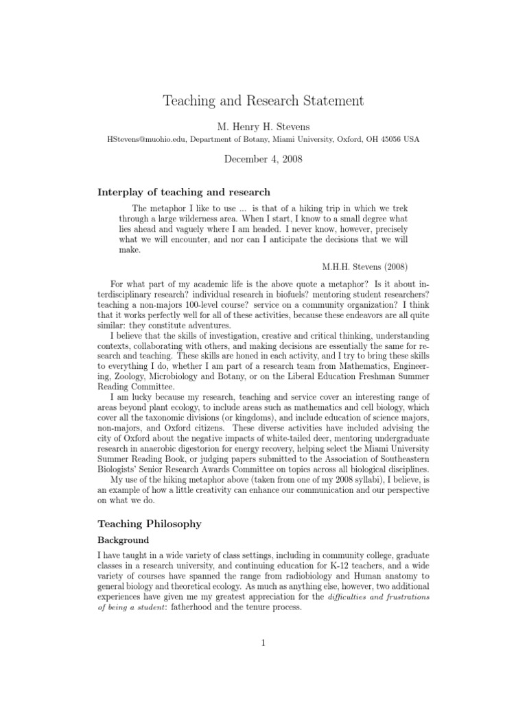 Teaching and Research Statement: M. Henry H. Stevens | PDF ...