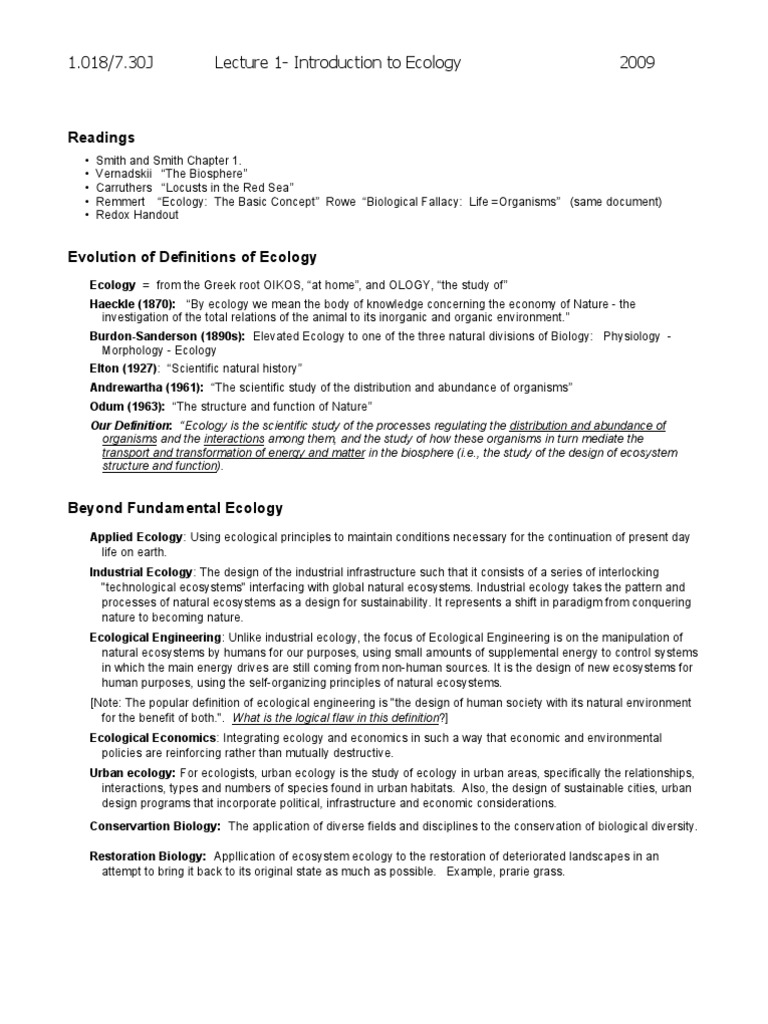 1.018/7.30J Lecture 1-Introduction To Ecology 2009: Readings | PDF