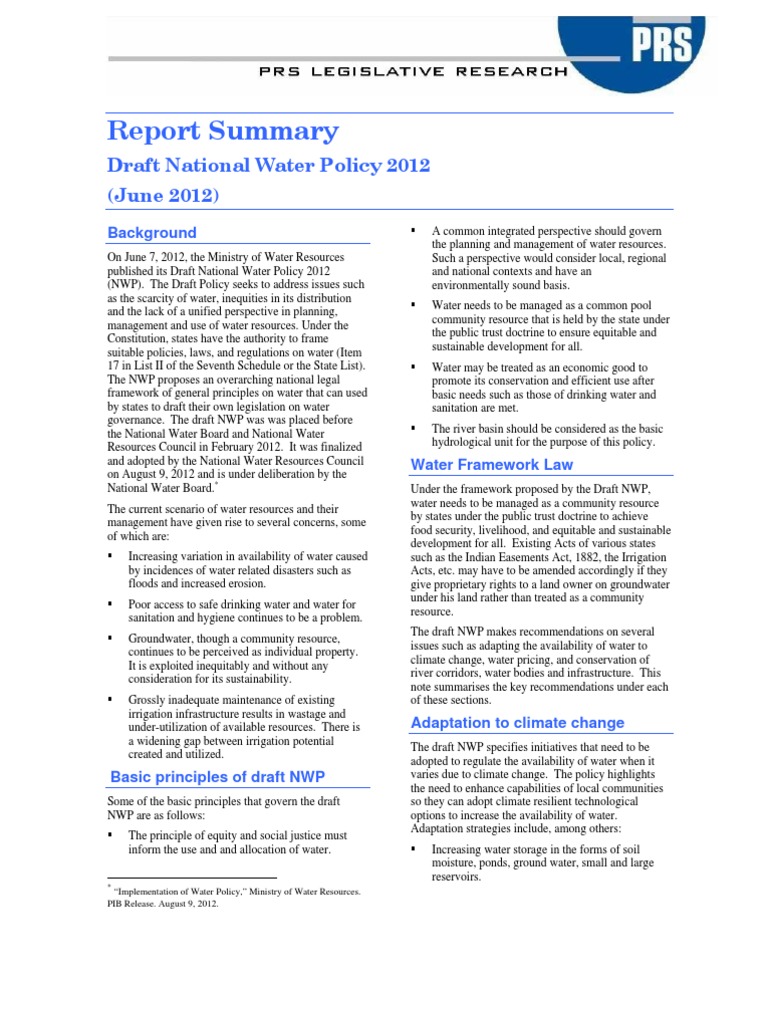 Draft National Water Policy 2012 | Water Use | Water Resources