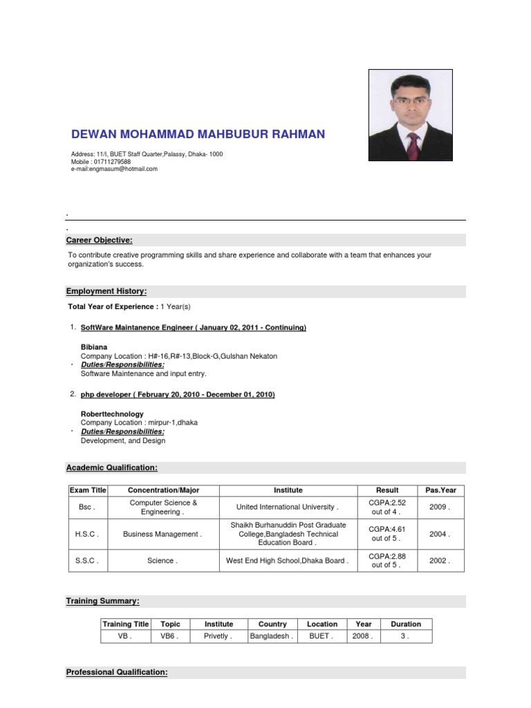 Dewan Mohammad Mahbubur Rahman CV | PDF | Professional Certification | Call Centre