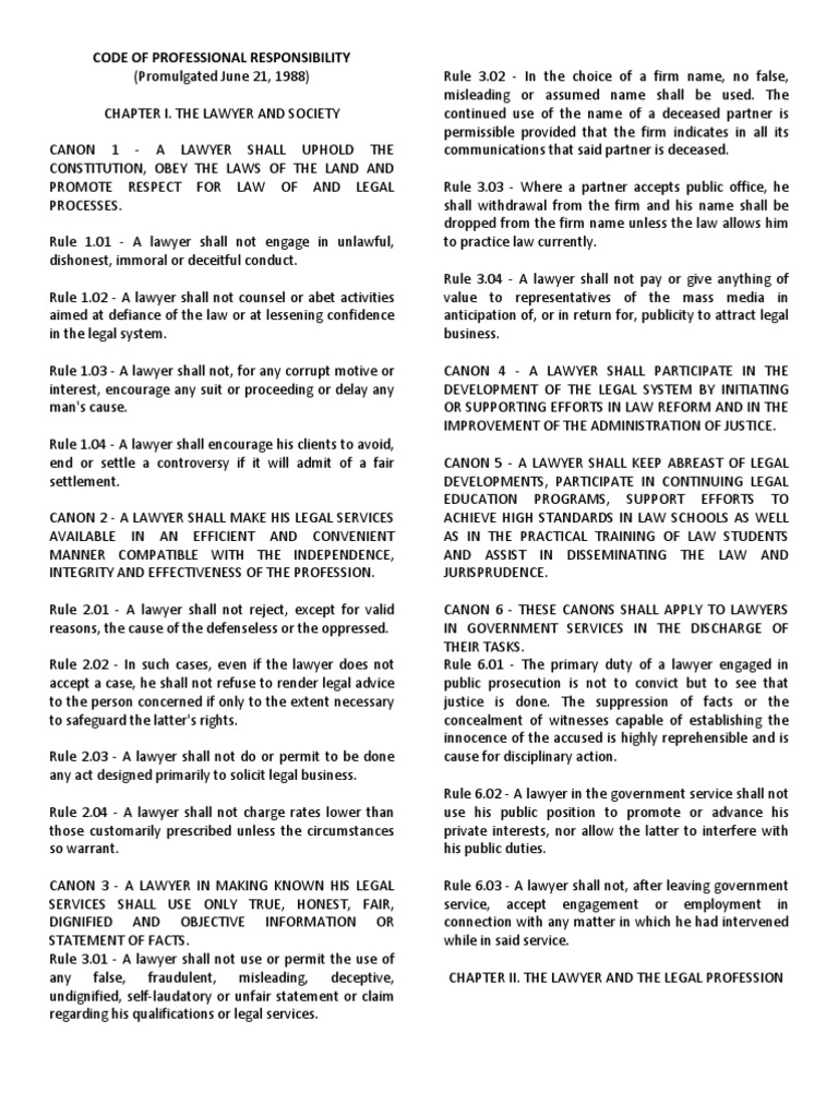 Code of Professional Responsibility | PDF | Practice Of Law | Lawyer