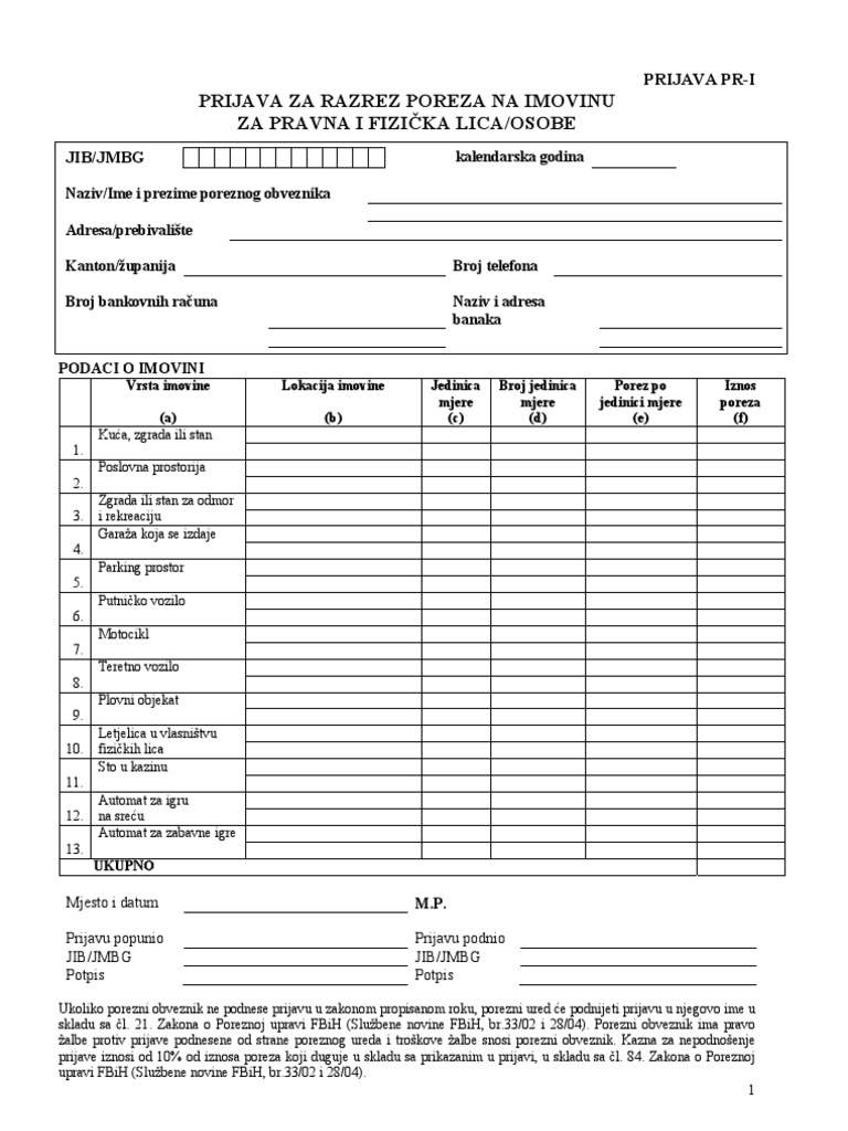 Prijava Za Porez Na Imovinu PDF | PDF