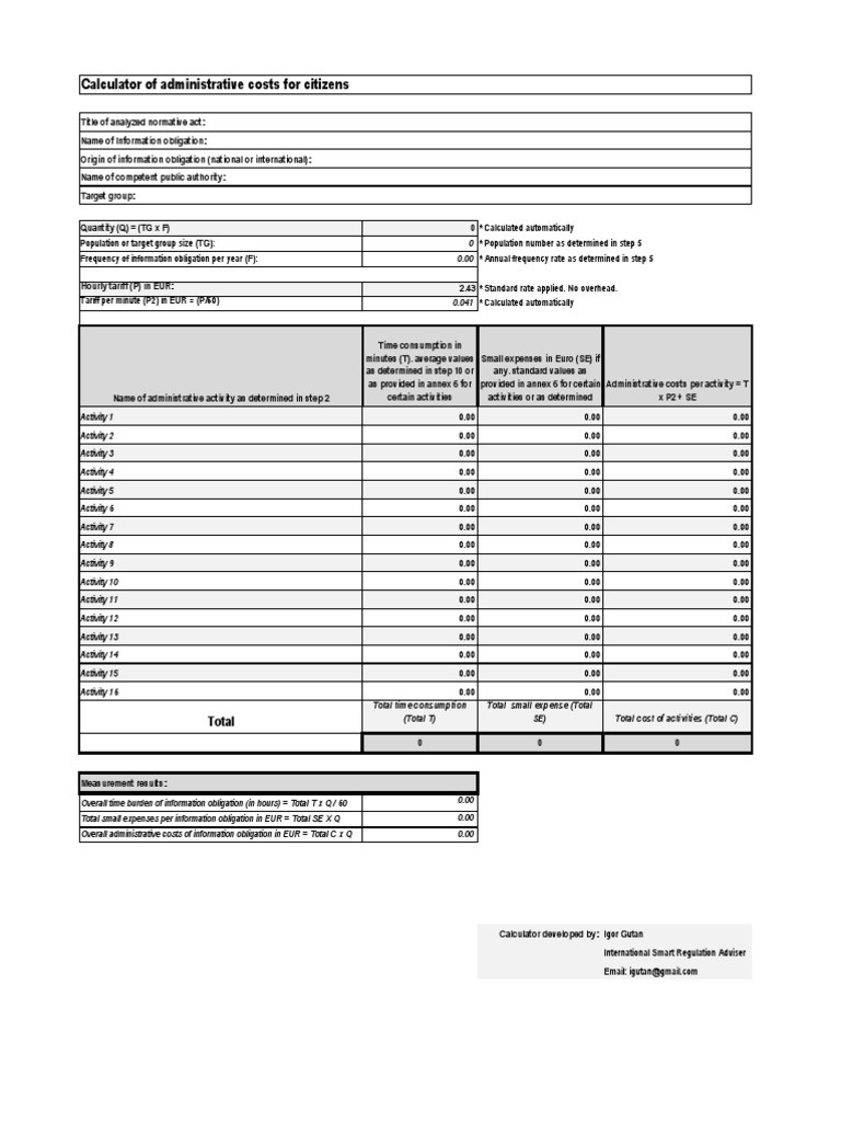 Administrative Costs Calculator | PDF | Tariff | Euro