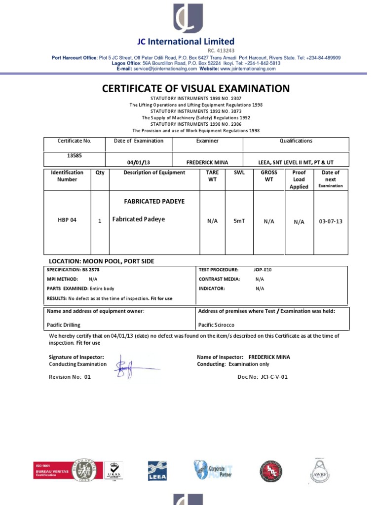 Certificate of Visual Examination: International Limited | Download ...